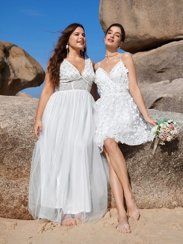 Shein Belle 1pc Appliques Embroidery Mesh Overlay Cami Wedding Dress