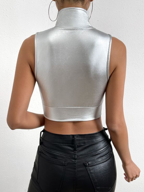SHEIN ICON Metallic Zip Up Crop PU Tank Top | SHEIN USA
