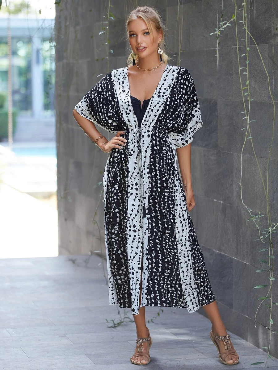 All Over Print Drawstring Waist Kimono | SHEIN USA