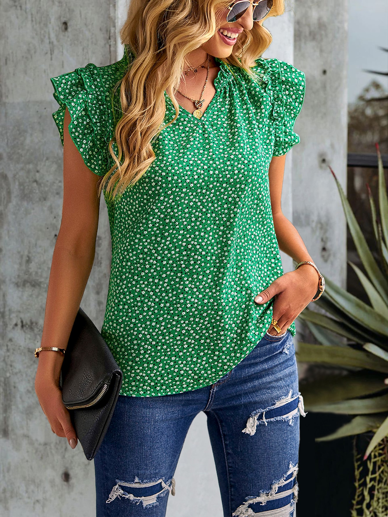 Shein Vcay Ditsy Floral Print Ruffle Trim Blouse Shein Usa