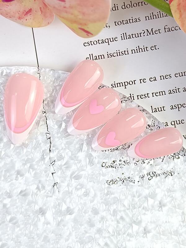 ROMWE 24pcs Long Almond Heart Pattern Fake Nail | SHEIN USA