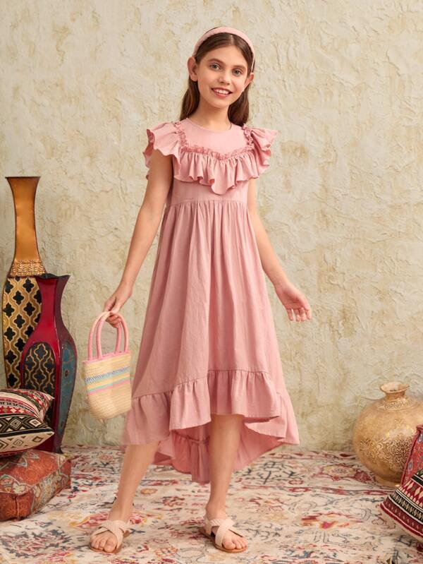 SHEIN Kids Nujoom Girls Ruffle Trim High Low Hem Dress | SHEIN UK