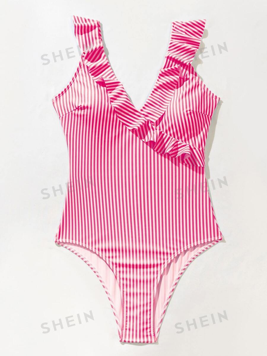 Shein Swim Summer Beach Striped Ruffle Trim One Piece Swimsuit Shein Usa