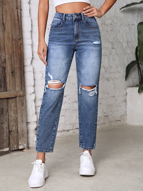 High Waist Ripped Mom Fit Jeans Shein Usa