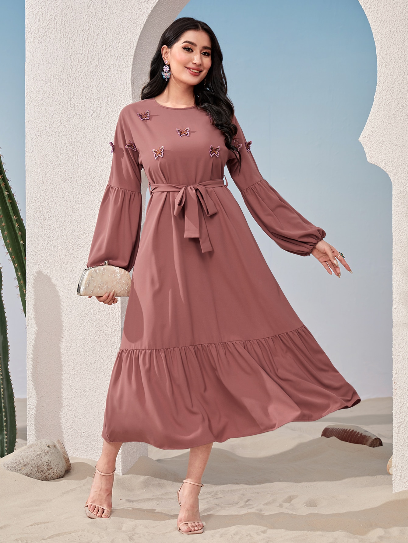 SHEIN Najma Vestido com cinto borboleta apliques manga da lanterna bainha com babado | SHEIN Brasil