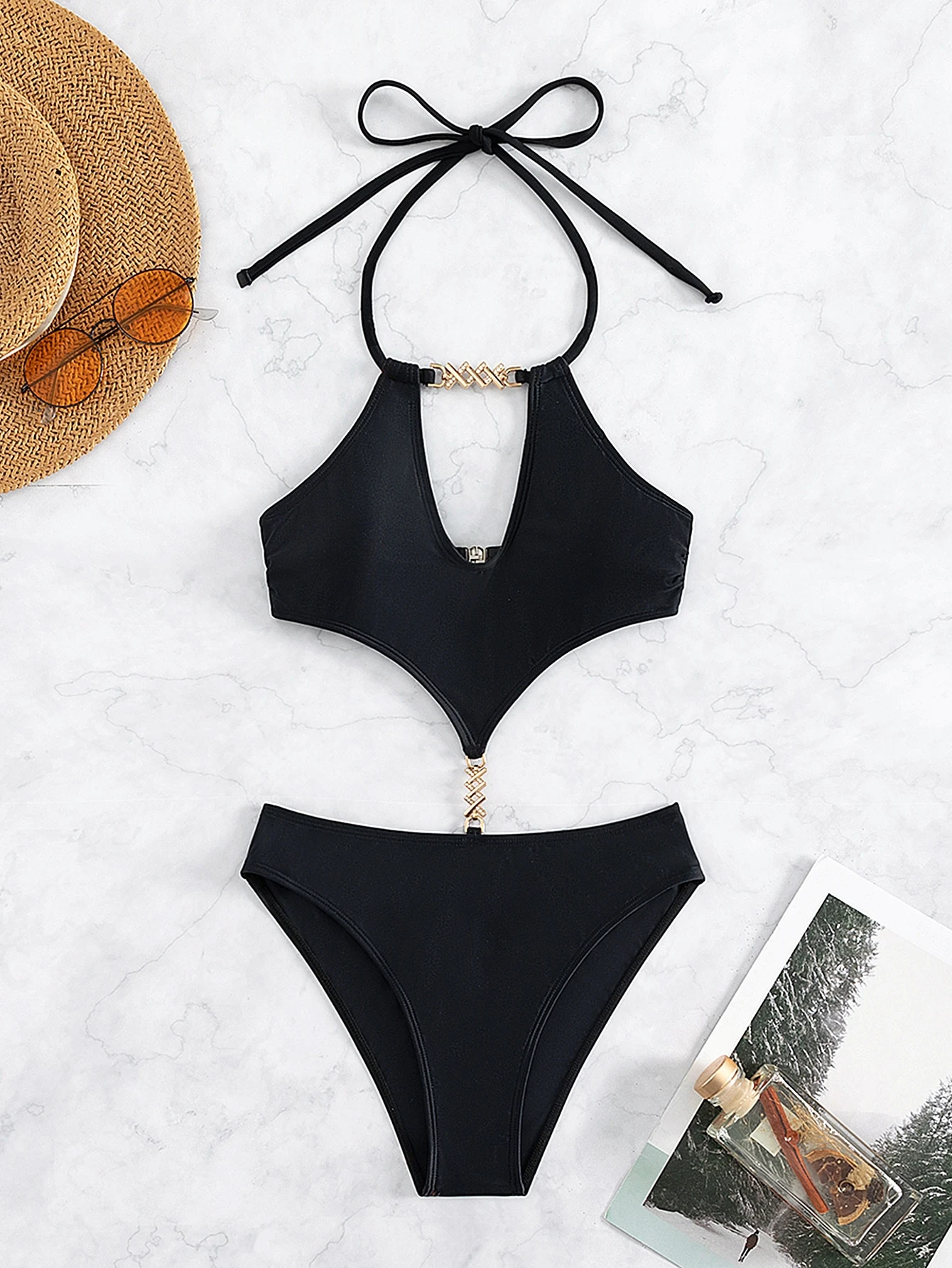 Chain Linked Halter One Piece Swimsuit | SHEIN USA