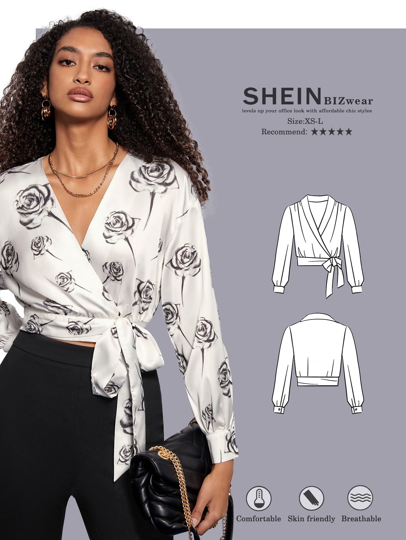 Shein Bizwear Floral Print Drop Shoulder Knot Side Wrap Satin Blouse