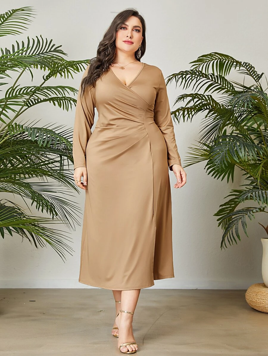 Mulvari Plus Solid Surplice Neck Dress | SHEIN USA