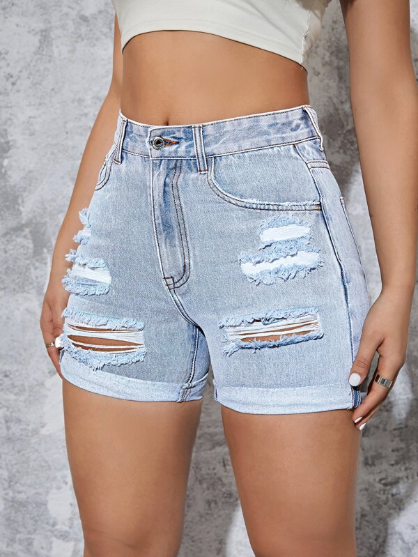 SHEIN Ripped Roll Up Hem Denim Shorts | SHEIN USA
