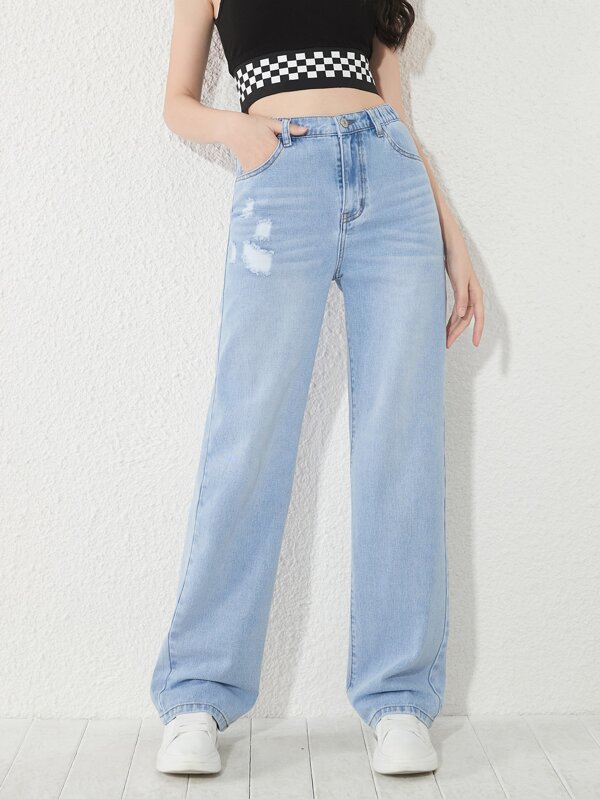 SHEIN Fille Adolescente Jean Droit Déchiré | Mode en ligne | SHEIN FRANCE