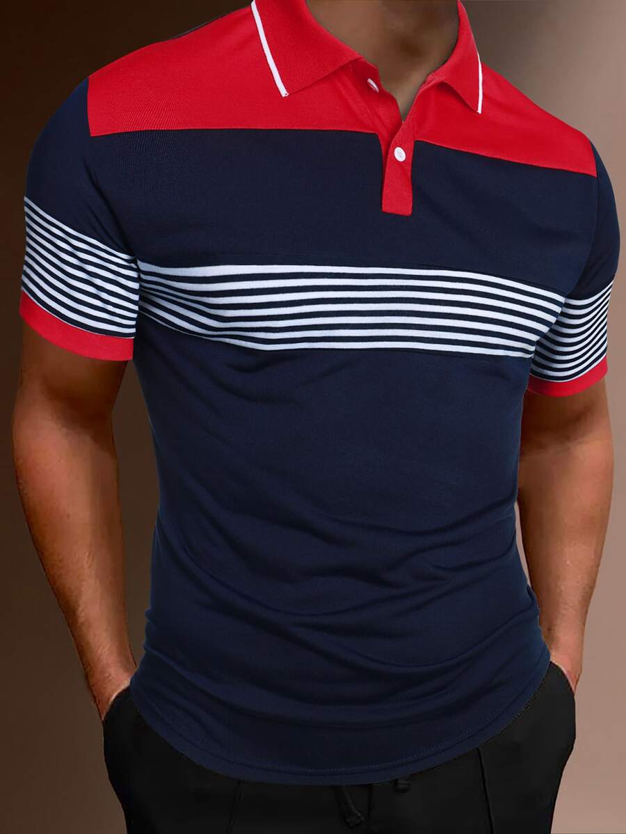 Manfinity Homme Men Striped Print Colorblock Polo Shirt Button Up Collar Color Block Work Casual ...