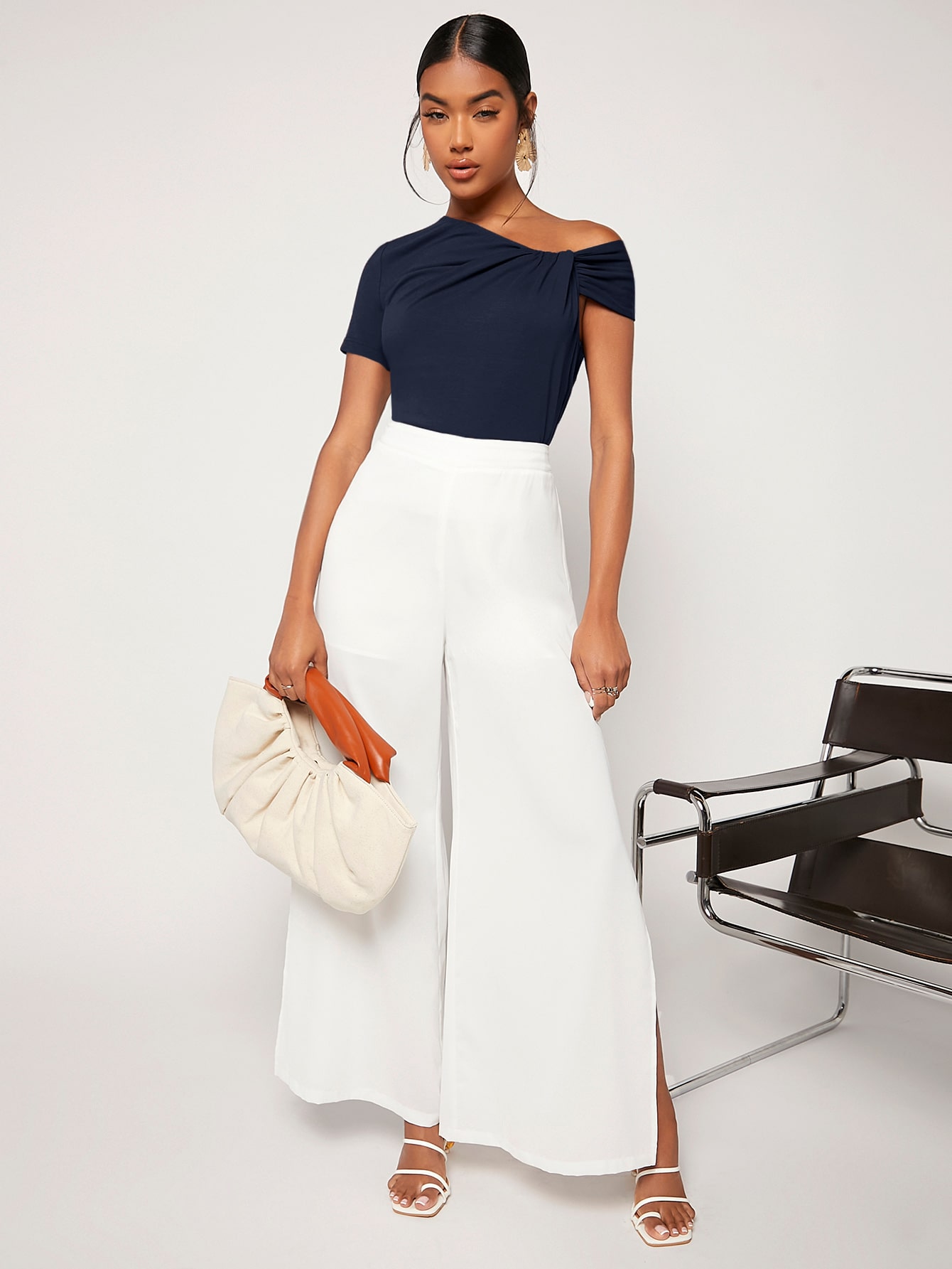 SHEIN Privé Asymmetrical Neck Solid Tee | SHEIN USA