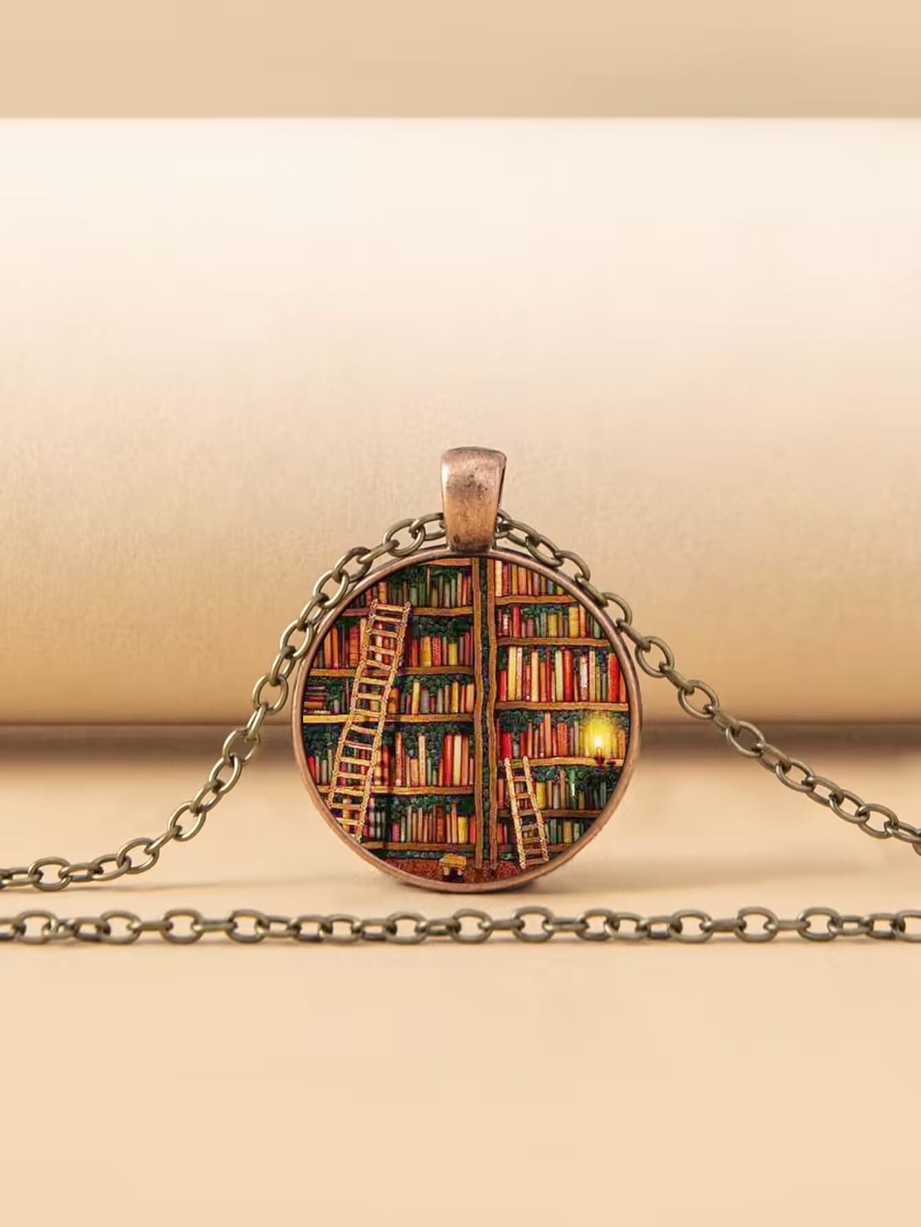 Book Print Round Charm Necklace Library Photo Vintage Pendant Necklace ...
