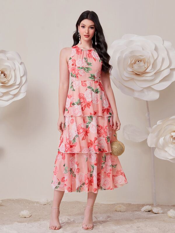 Shein Modely Allover Floral Print Layer Hem Dress Shein Usa