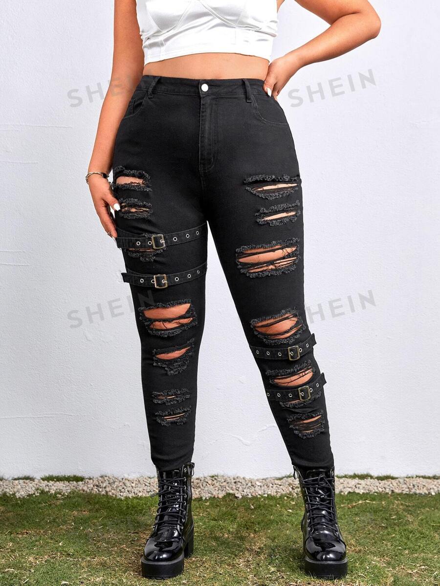SHEIN ICON Plus High Waist Ladder Distressed Skinny Jeans | SHEIN USA