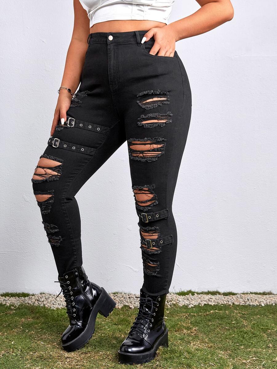 SHEIN ICON Plus High Waist Ladder Distressed Skinny Jeans | SHEIN USA