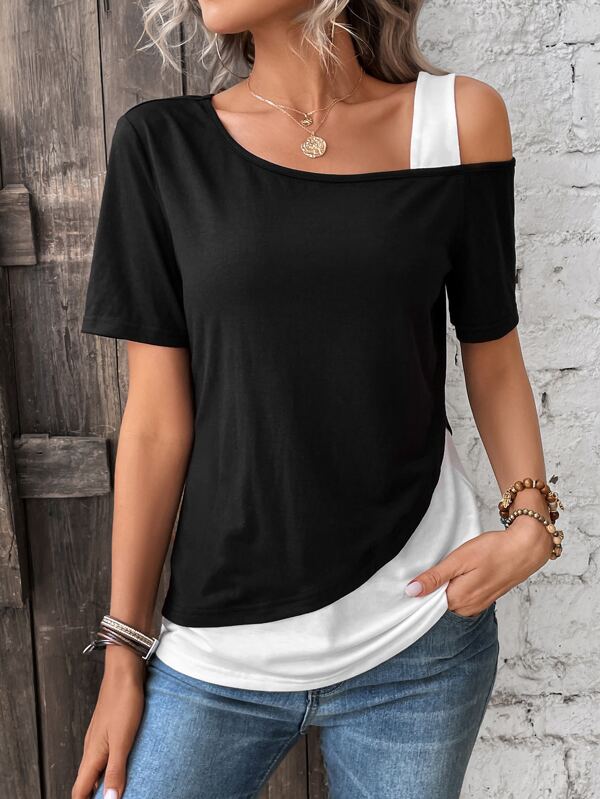 Colorblock Asymmetrical Neck Tee Shein Usa