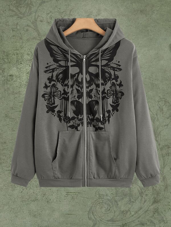 Fairycore Butterfly Print Zip Up Drop Shoulder Drawstring Hoodie ...