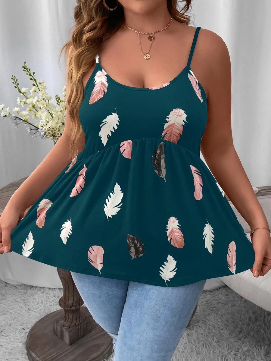 SHEIN LUNE Plus Feather Print Peplum Cami Top Graphic Tees Women Tops ...
