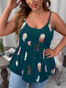 SHEIN LUNE Plus Feather Print Peplum Cami Top Graphic Tees Women Tops ...