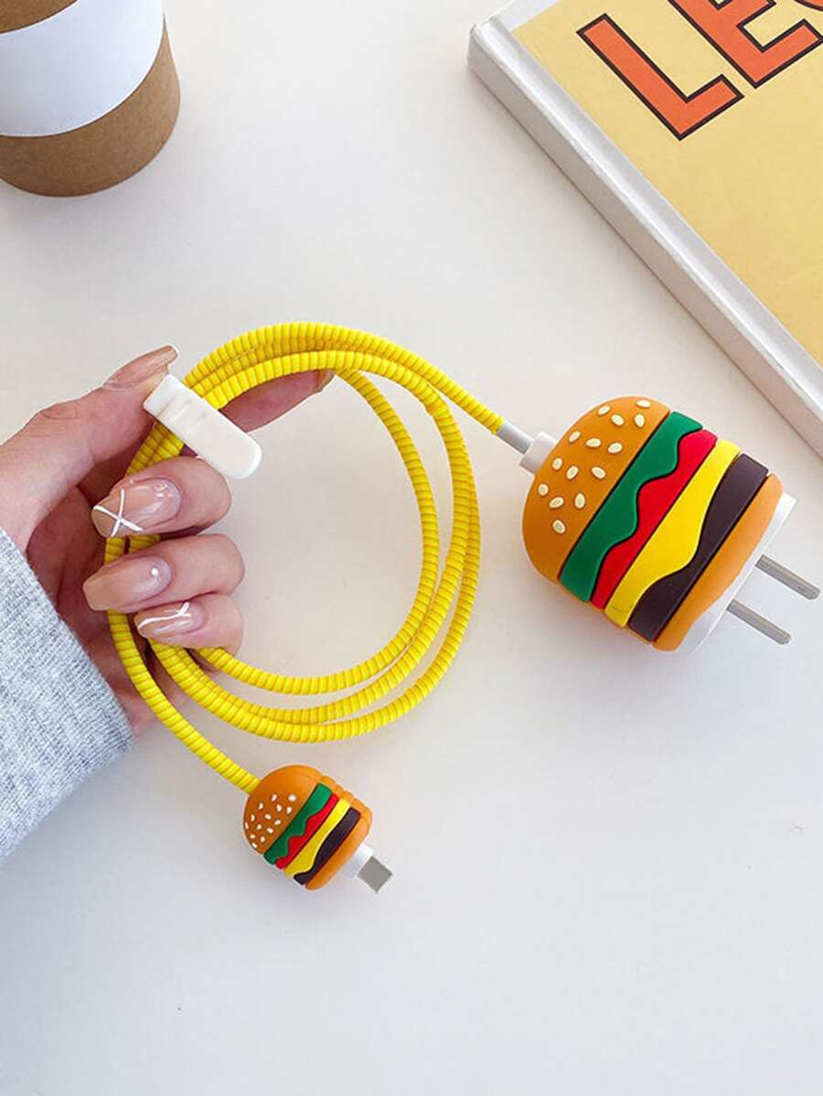 4pcs Hamburger Decor PVC Data Cable Protector & Charger Head Cover Set ...
