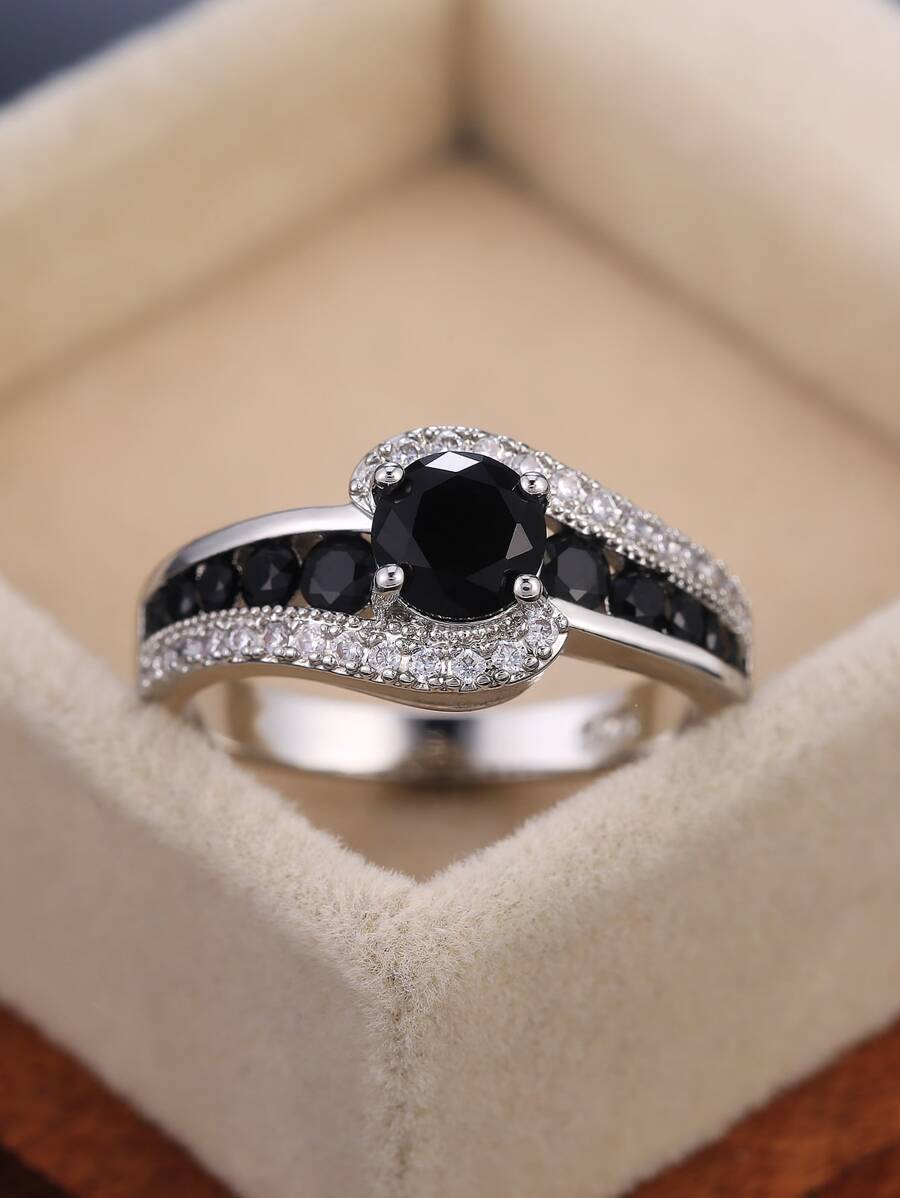 Black Stone Women Wedding Ring Dazzling Crystal Cubic Zirconia Delicate ...