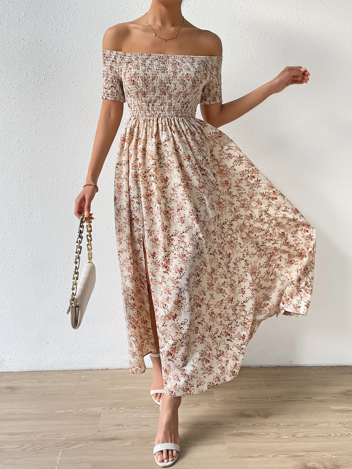 Shein Vcay Allover Floral Print Off Shoulder Split Thigh Dress Shein Uk