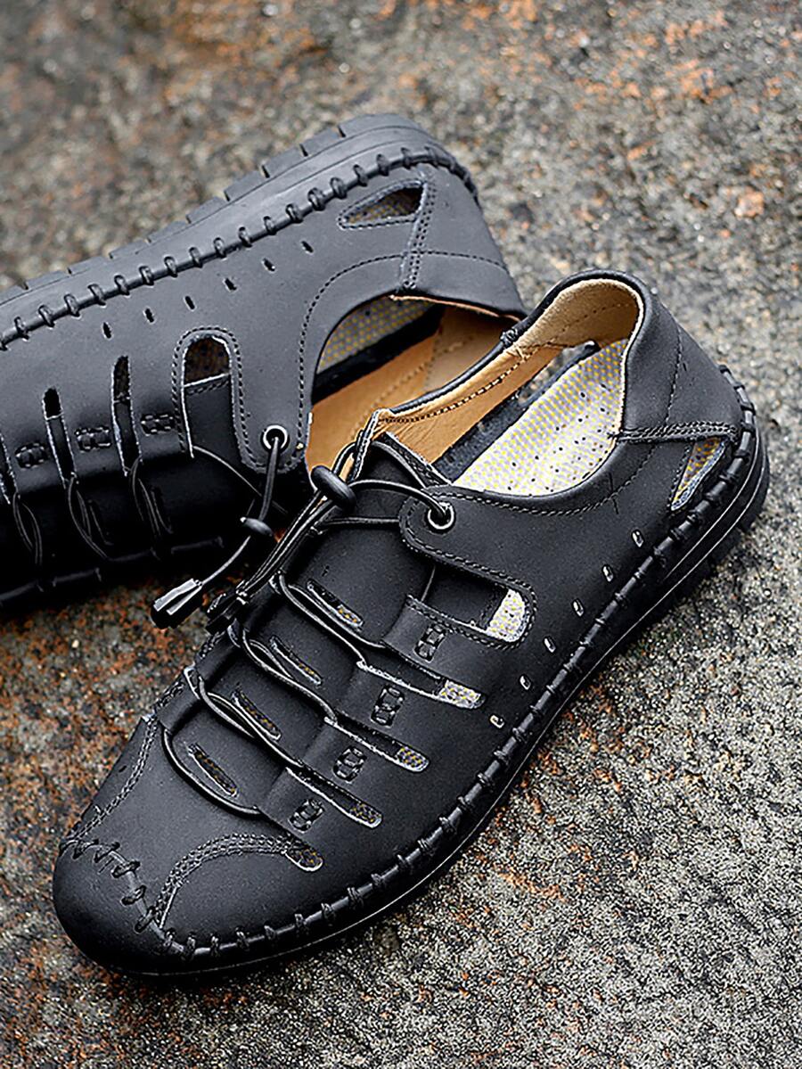 Men Drawstring Front Stitch Detail Handmade Sandals, Leisure Outdoor ...