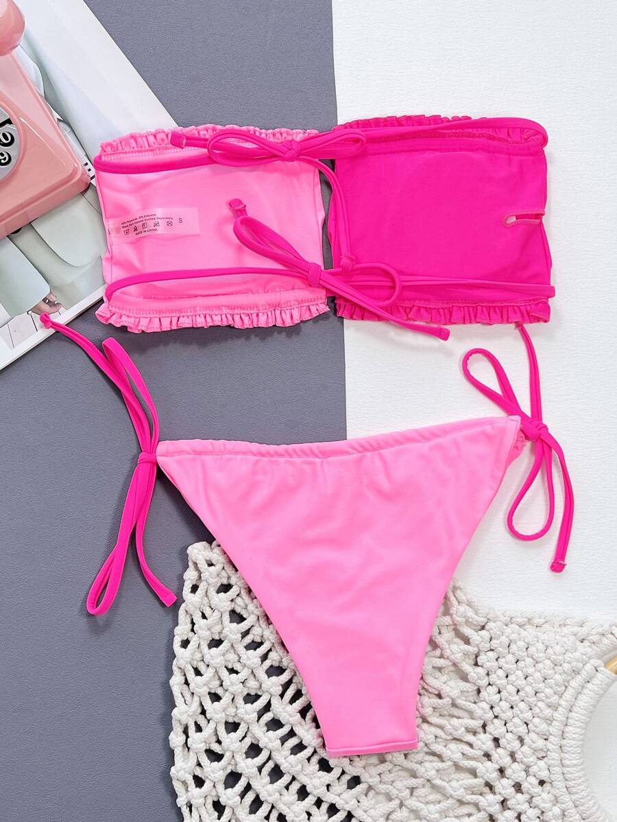 Shein Swim De Dos Tonos Fruncido Bandeau Con Cordón Lateral Bañador