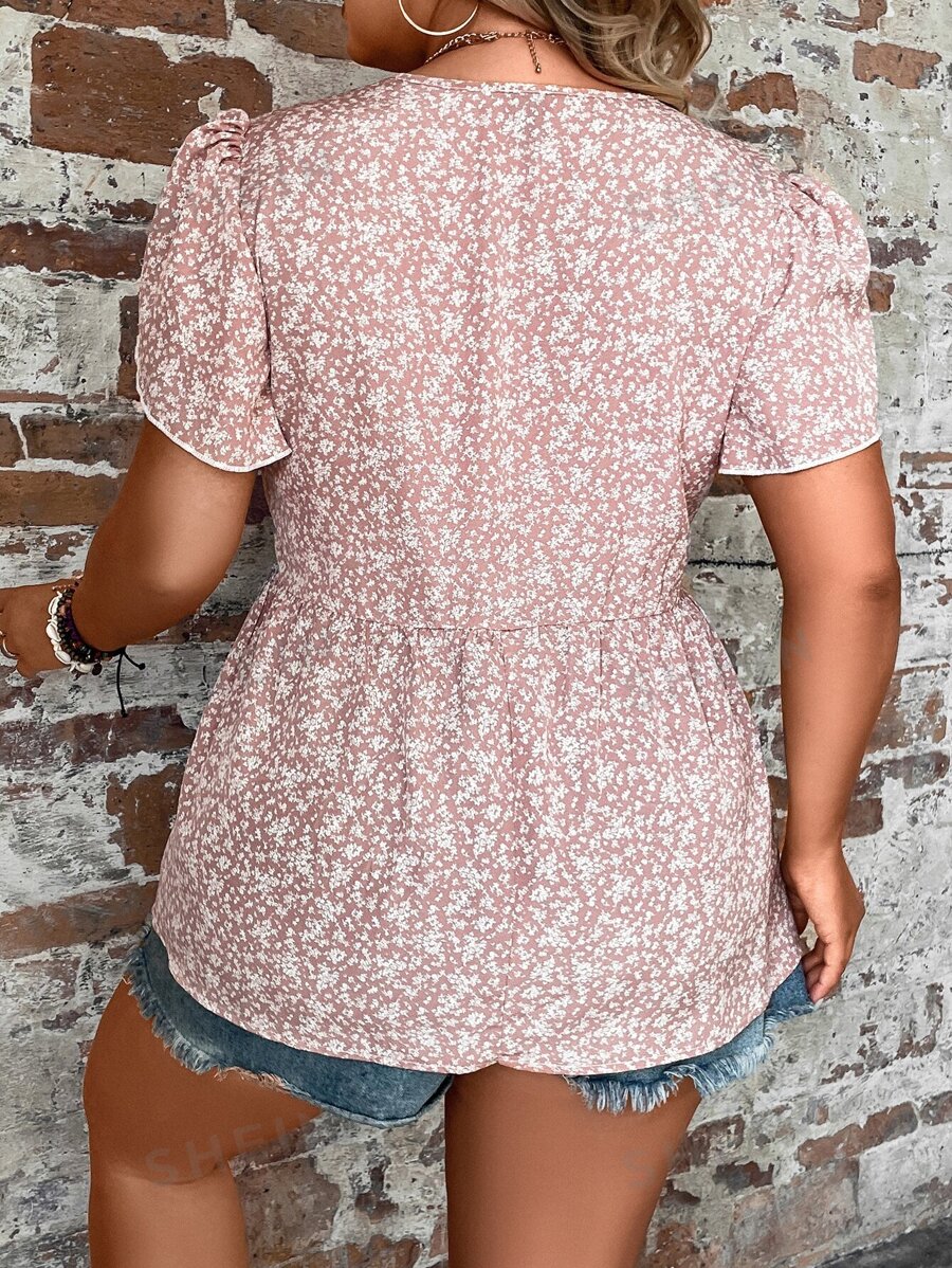 SHEIN LUNE Boho Vrolijke Bloemetjes Grote maat blouse Geribd Knoop Vooraan | SHEIN Nederland