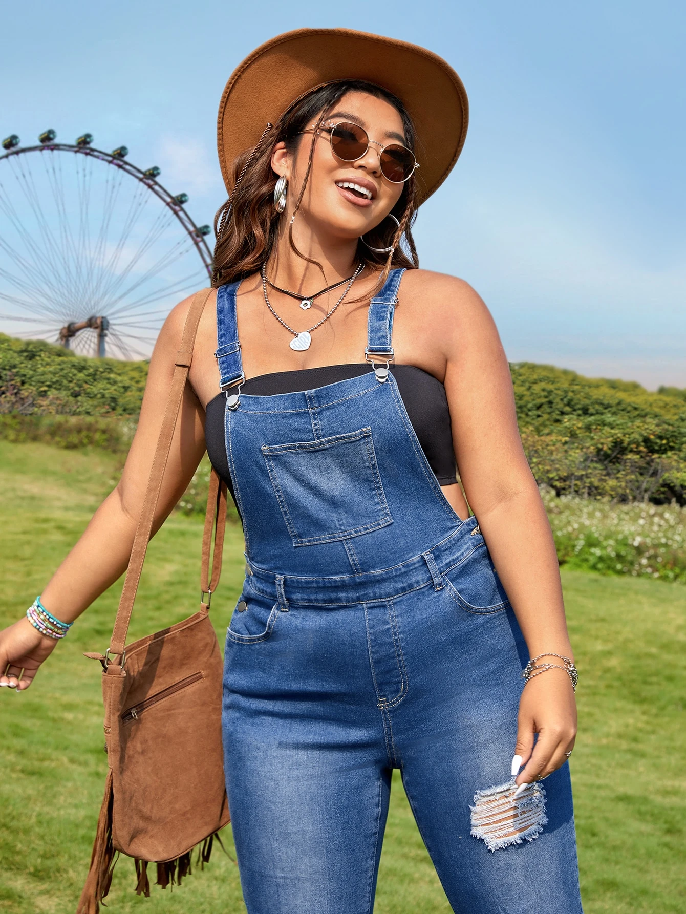 SHEIN VCAY Plus Ripped Roll Up Hem Denim Overalls Without Tank Top ...