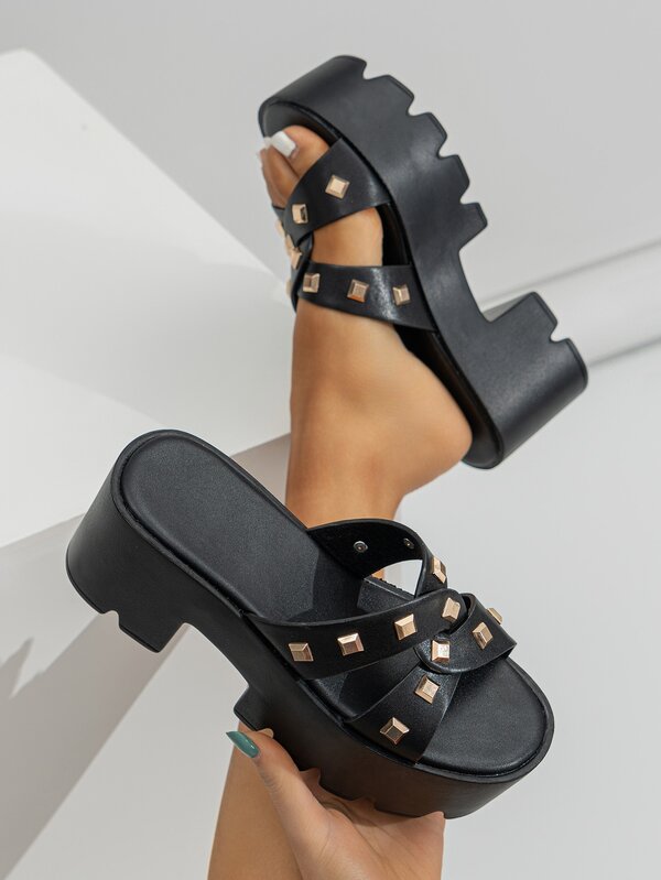Women Stud Decor Chunky Gladiator Platforms, Punk Outdoor Black Wedge ...