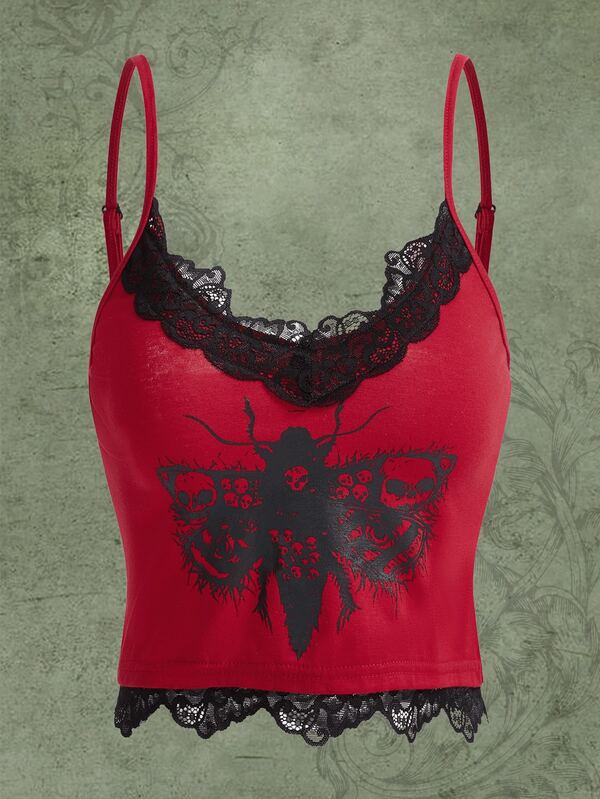 Goth Butterfly & Skull Print Contrast Lace Cami Top | SHEIN USA