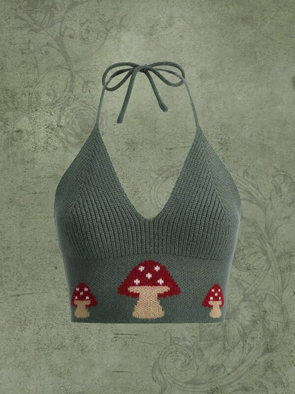Fairycore Mushroom Pattern Tie Backless Halter Knit Top Shein Usa