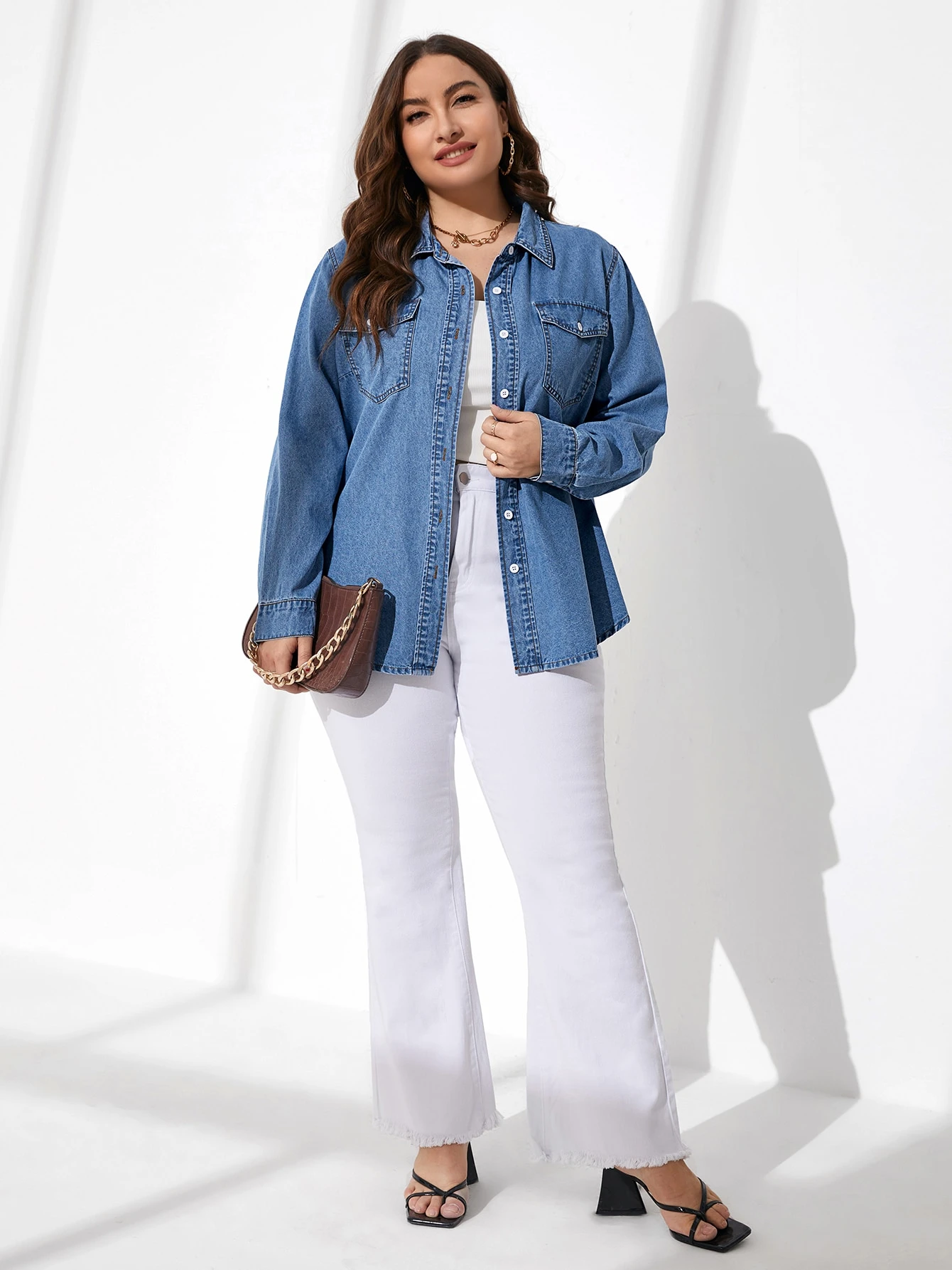 SHEIN Essnce Plus Flap Pocket Denim Shirt | SHEIN USA