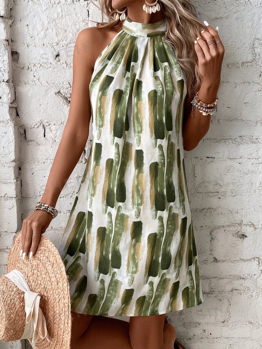 SHEIN VCAY Allover Print Keyhole Back Halter Neckline Dress | SHEIN USA