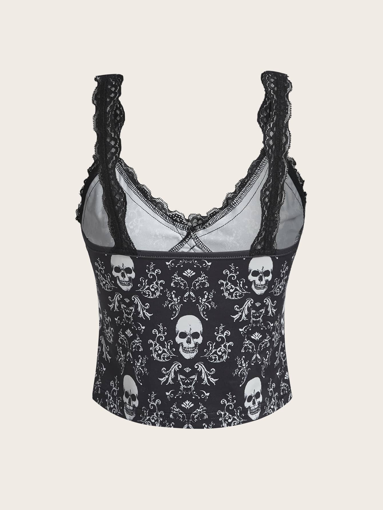 ROMWE Goth Skull Print Contrast Lace Cami Top | SHEIN UK