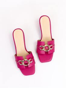 Women Chain Decor Chunky Heeled Sandals, Funky Hot Pink Mule Sandals ...
