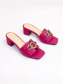 Women Chain Decor Chunky Heeled Sandals, Funky Hot Pink Mule Sandals ...