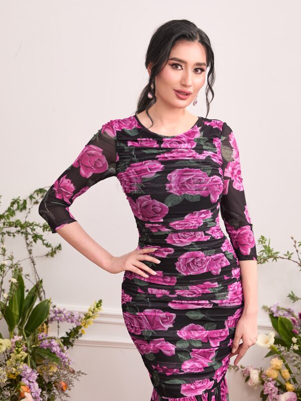 Shein Modely Floral Print Mermaid Hem Mesh Dress Shein Usa