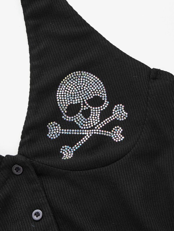 ROMWE PUNK Rhinestone Skull Pattern Backless Asymmetrical Hem Halter ...