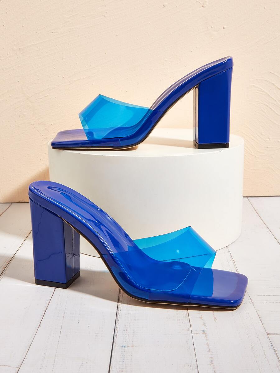 Fashion Blue Mule Sandals For Women, Cut Out Design Chunky Heeled PVC ...