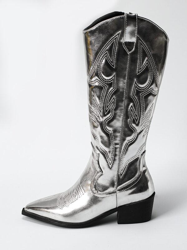 Glamorous Silver Western Boots For Women, Stitch Detail Point Toe ...