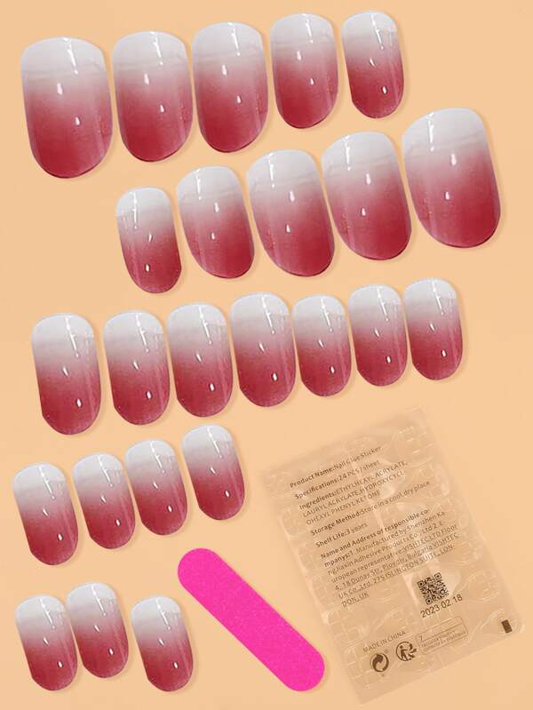 Get Glamorous with 24pcs Short Oval Pink Ombre Glossy Fake Nail & 1pc ...