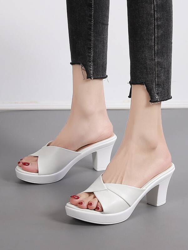 Elegant White Mule Sandals For Women, Platform Chunky Heeled Sandals ...