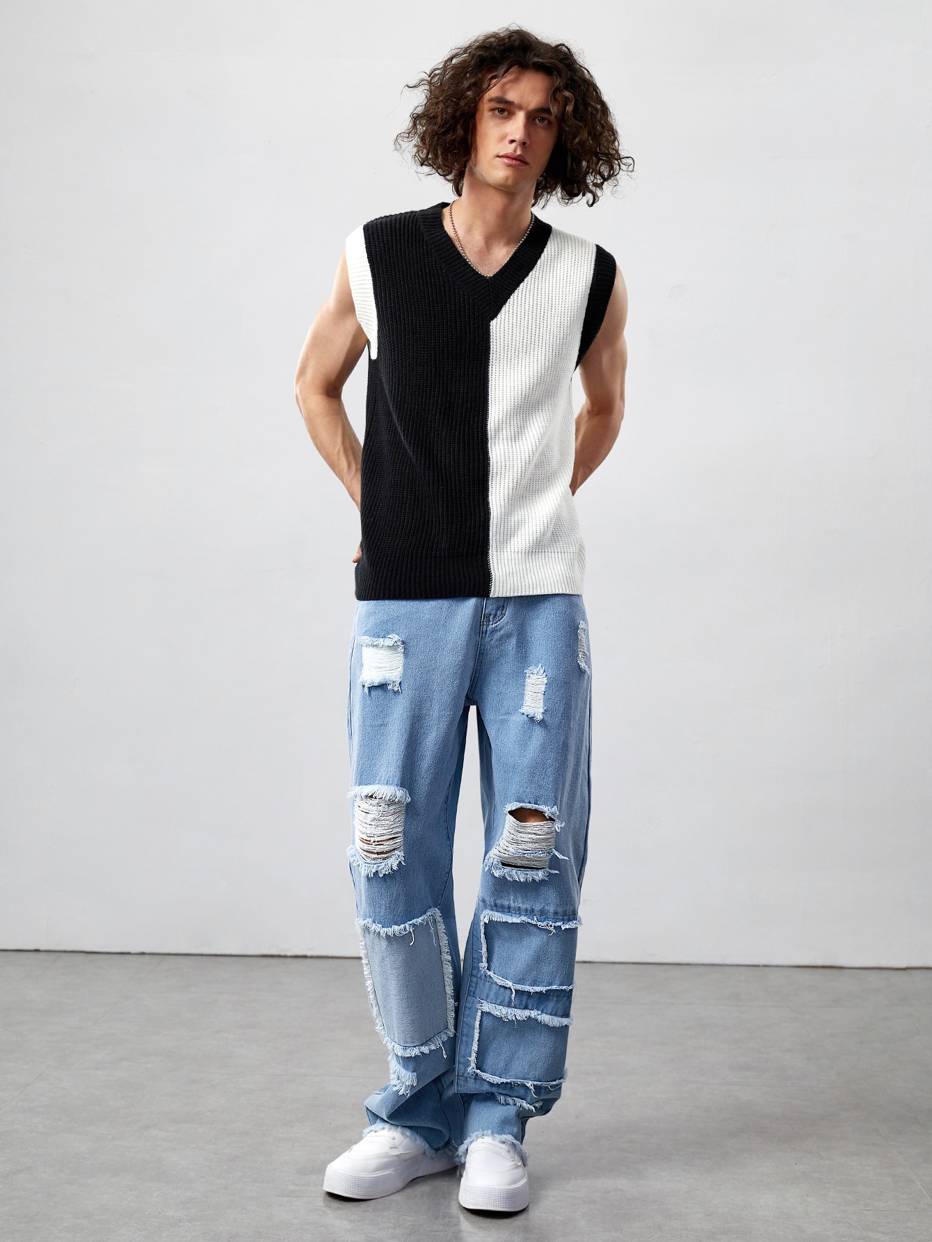 ROMWE Men Cotton Ripped Frayed Wide Leg Baggy Jeans | SHEIN EUR
