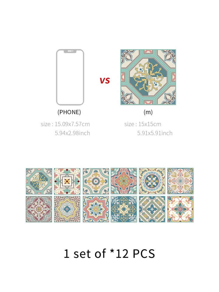 12pcs/Set Vintage Tile Pattern Wall Paper, Boho PVC Geometric Pattern ...