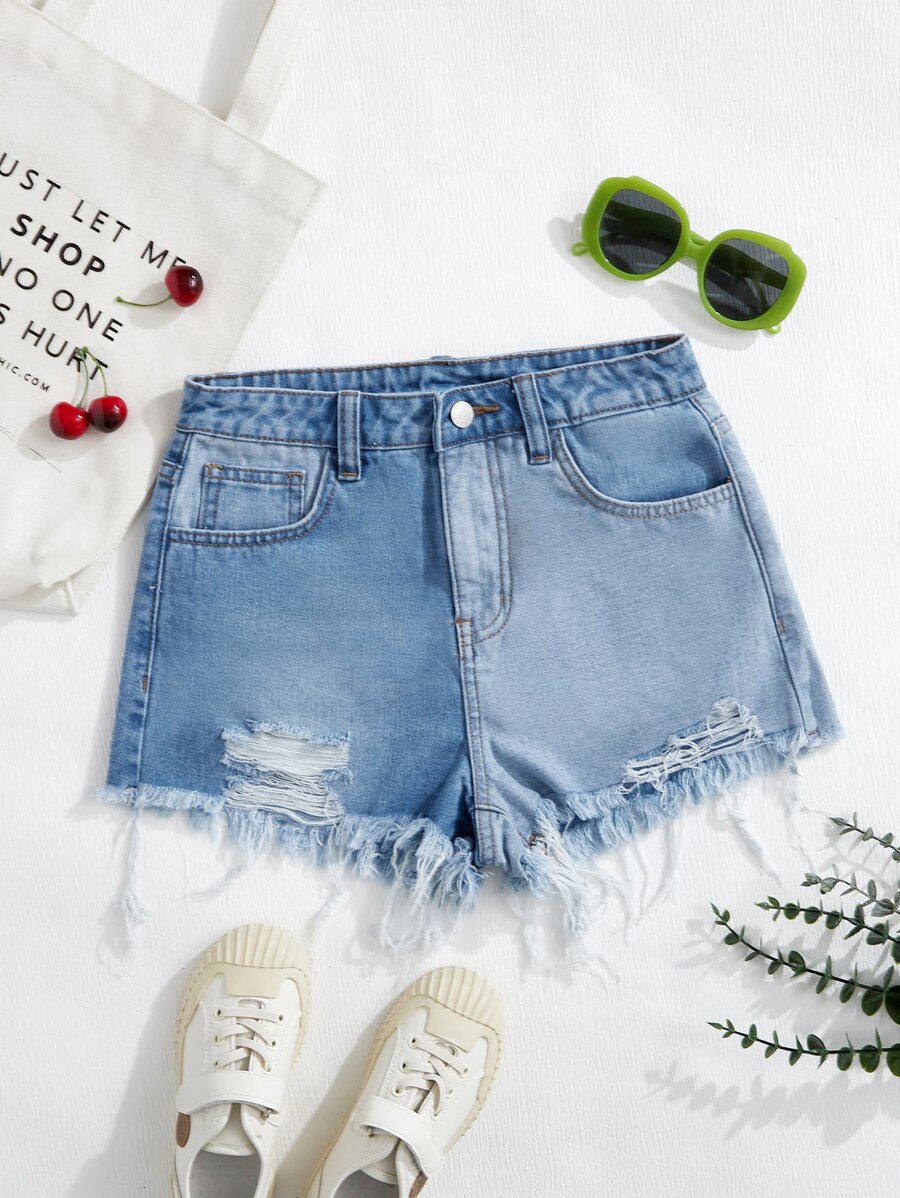 SHEIN Teen Girls Ripped Raw Hem Denim Shorts | SHEIN USA