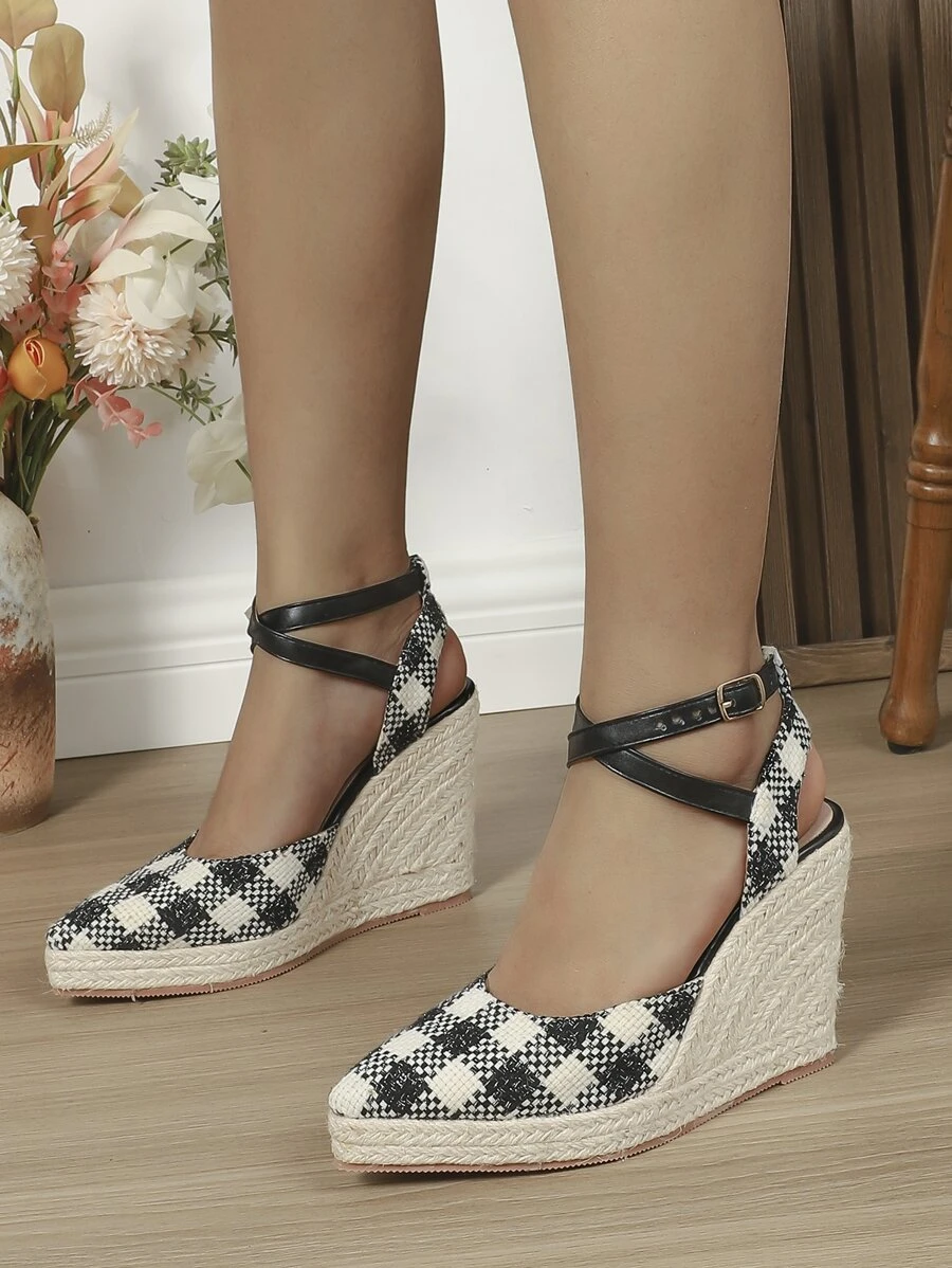 Women Plaid Pattern Court Wedges, Ankle Strap Vacation Wedge Shoes ...