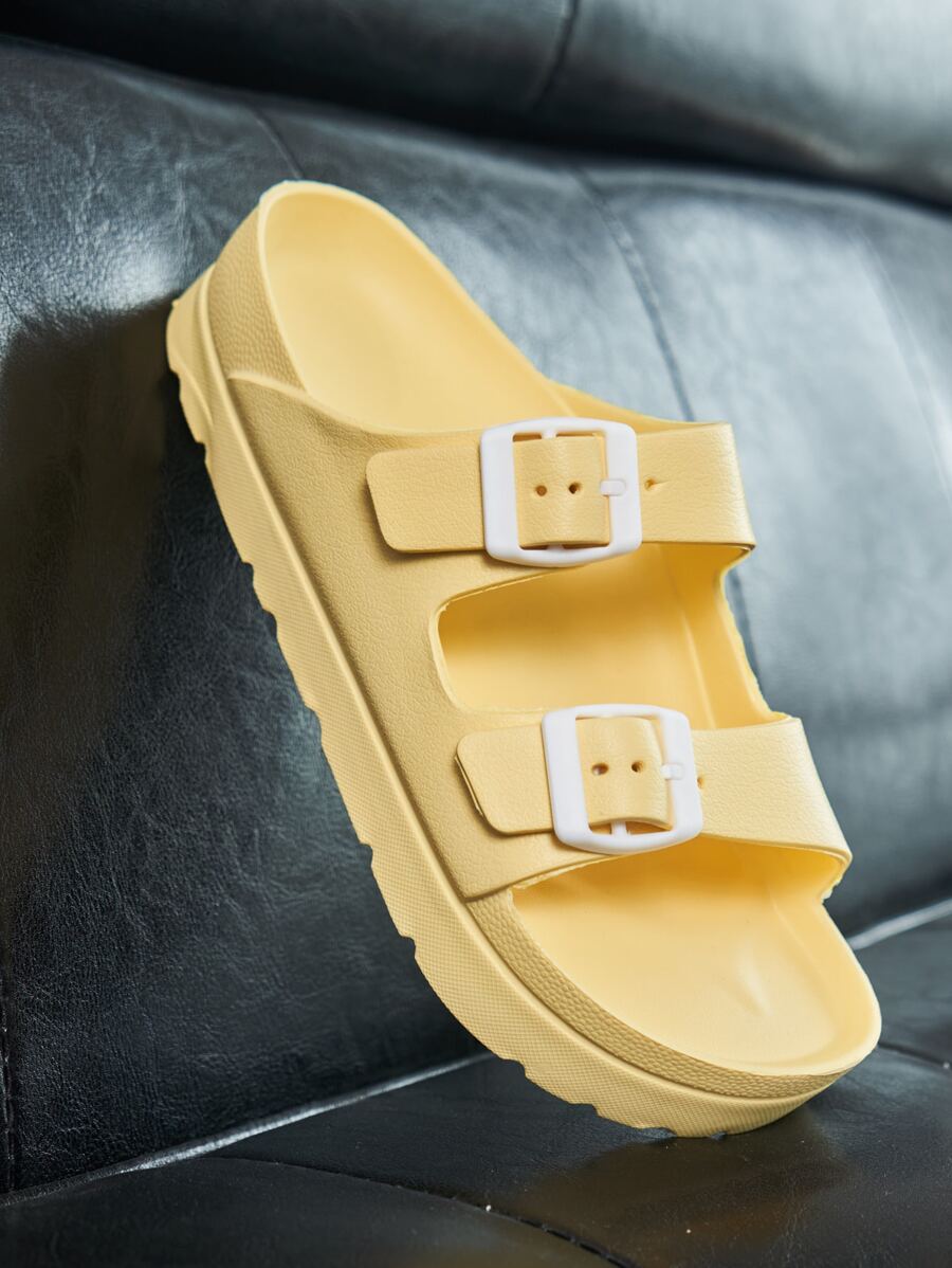 Women Double Buckle Decor Slides, Funky Yellow EVA Slides | SHEIN USA